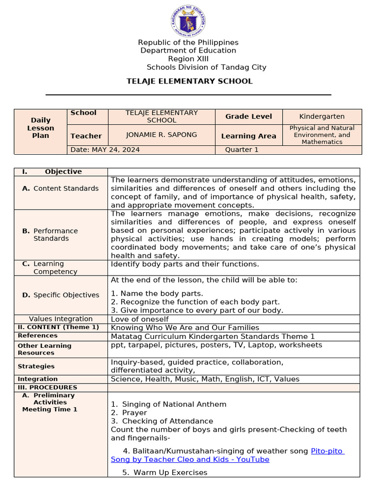 SAPONG - DIVISION DEMO MATATAG CURRICULUM Kindergarten | PDF