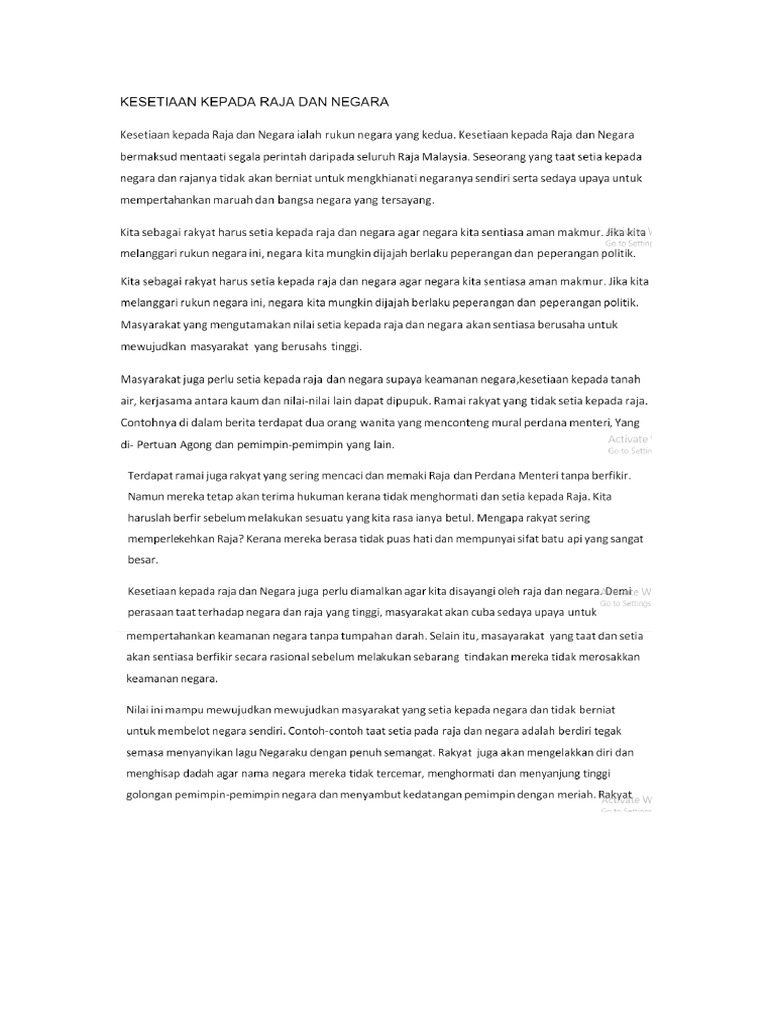Nilai Taat Setia Kepada Raja Dan Negara Esei | PDF