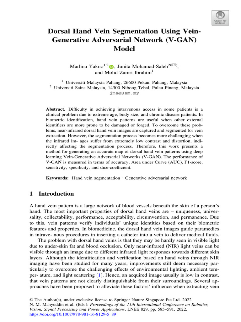 Dorsal Hand Vein Segmentation Using Vein-Generative Adversarial Network (V-GAN) Model - ABS ...