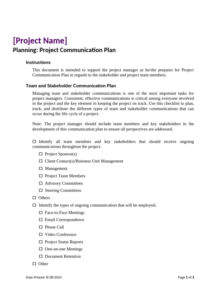 Template of Project Communication Plan v1.1 | PDF