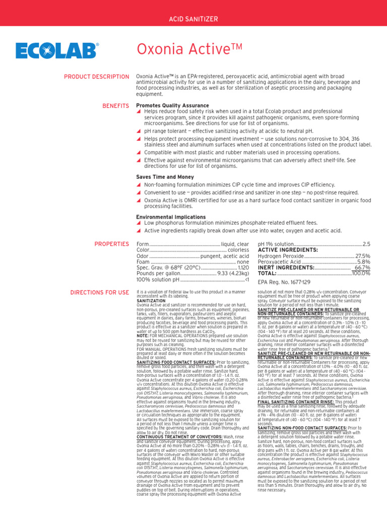 Oxonia Active - Catalog Sheet (US-EPA) | PDF