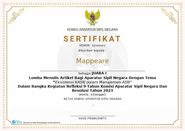 Draft Sertifikat Juara 1 - Lomba Menulis - Oke | PDF