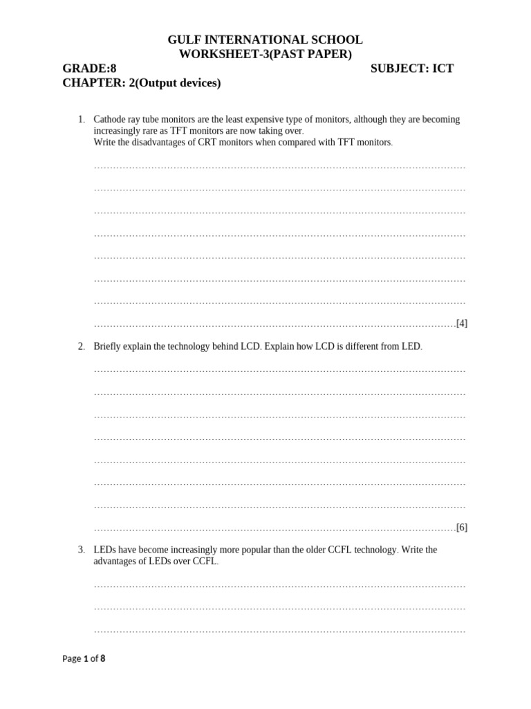 Grade 8 Ch2 Ws 2 (Output Devices) | PDF
