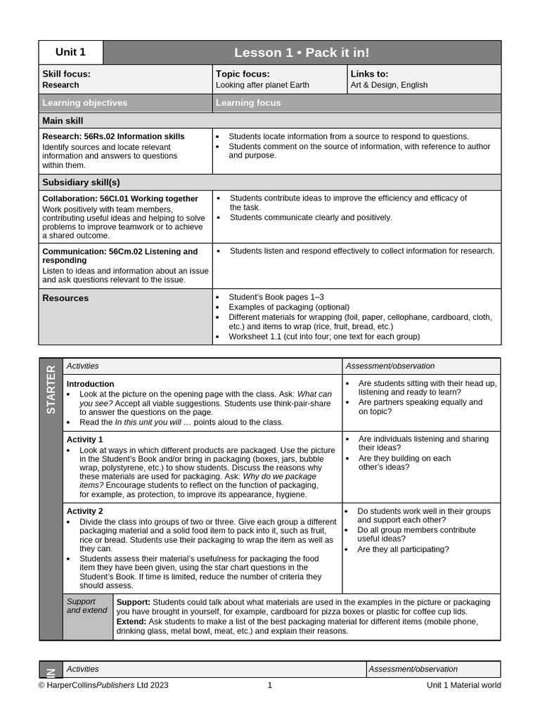 GP6 TG Unit 1 1 Lesson Plan | PDF