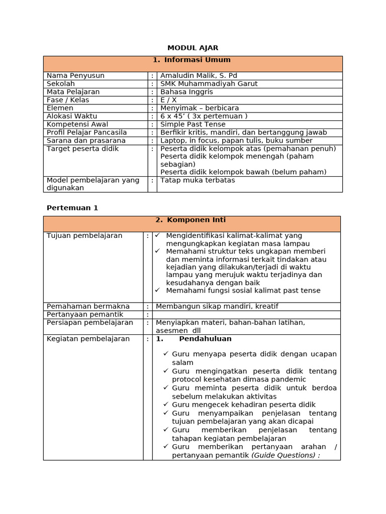 2.1 Modul Ajar Past Tense | PDF