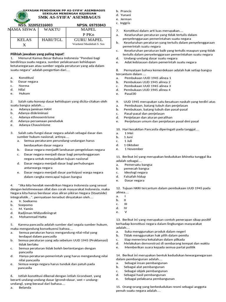 SOAL PAS PPKN X | PDF