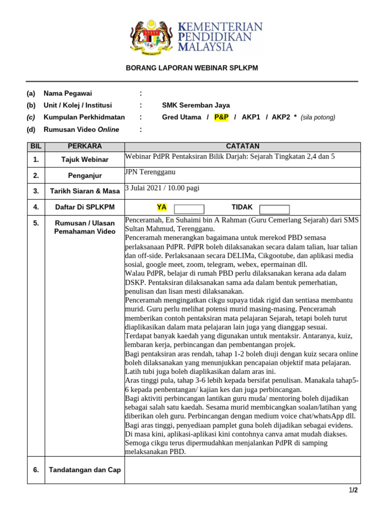 Webinar PDPR PBD Sejarah Tingkatan 2, 4 Dan 5 | PDF