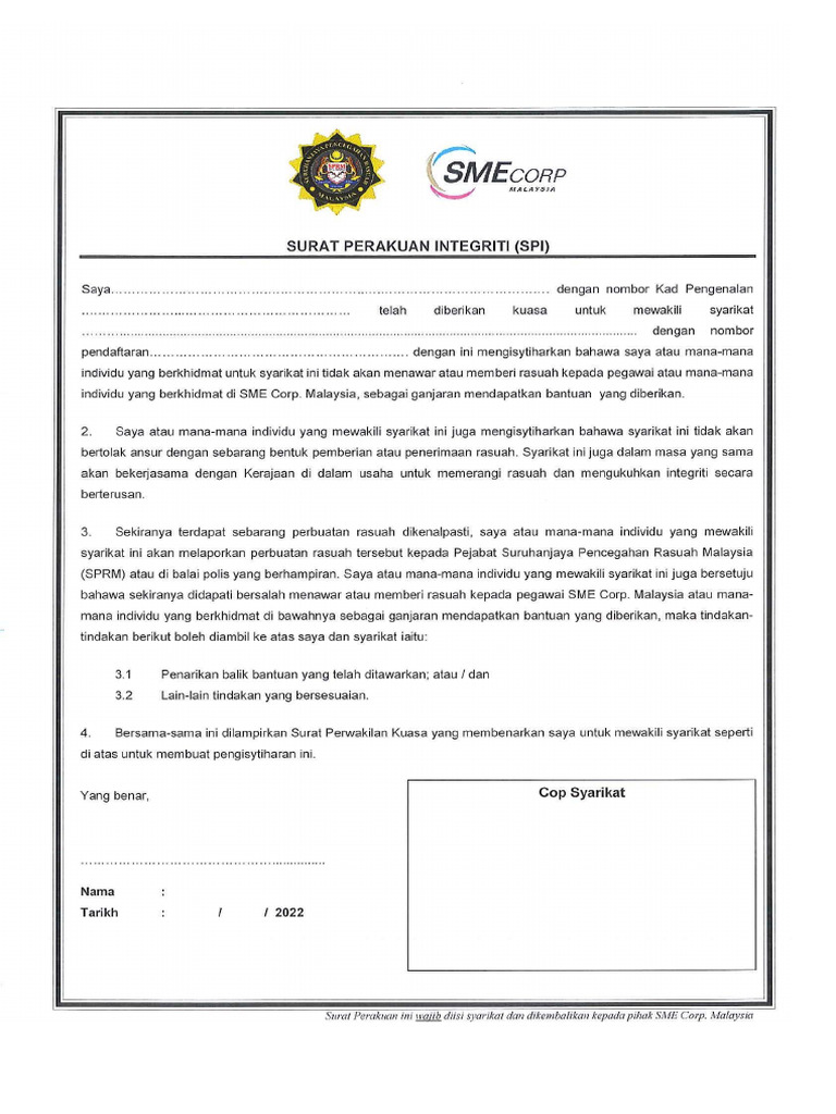 Surat Perakuan Integriti - SPI | PDF