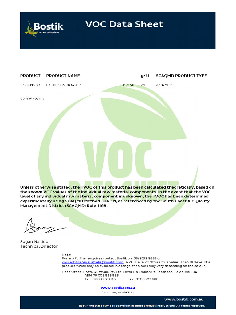 Bostik - Idenden 40 317 - Voc Certificate - 22052019 | PDF