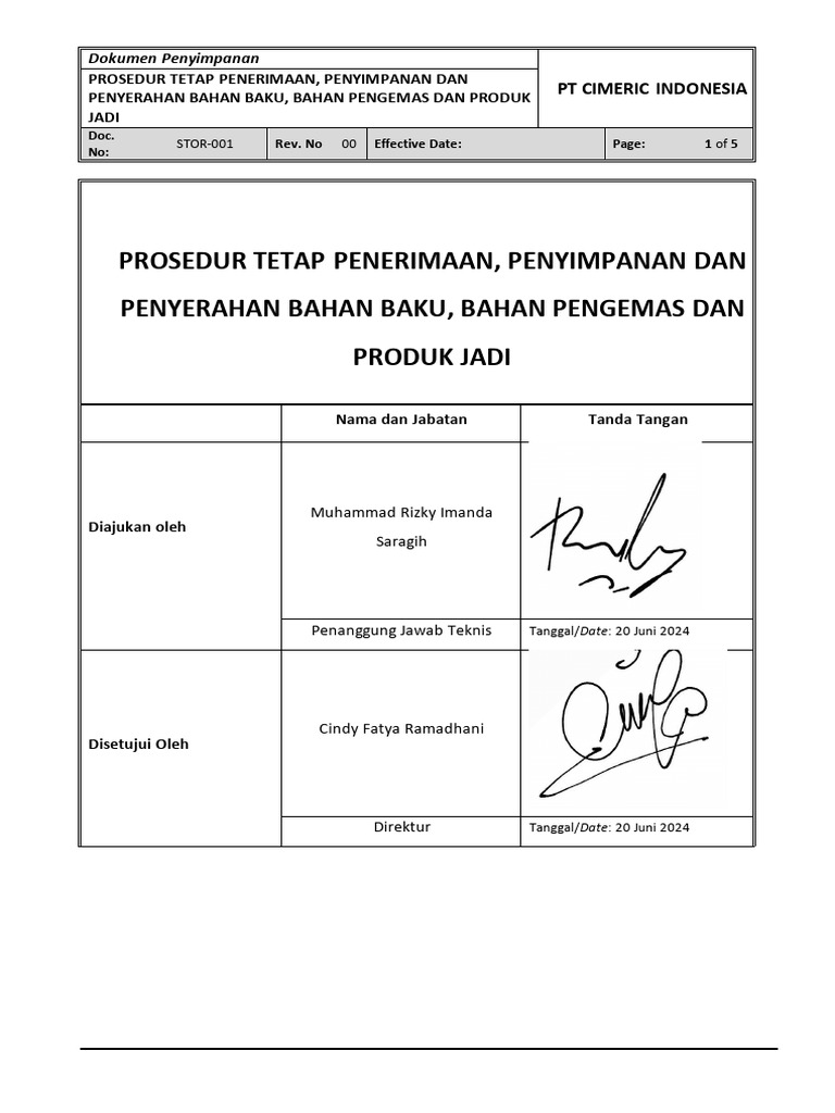 STOR-001 - Prosedur Tetap Penerimaan, Penyimpanan Dan Penyerahan Bahan ...