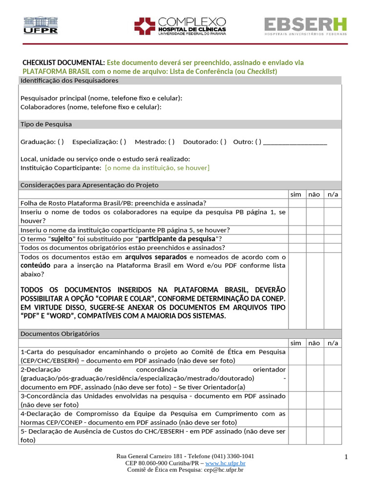 Checklist Documental Projeto Pesquisachc | PDF | Consentimento Livre e ...