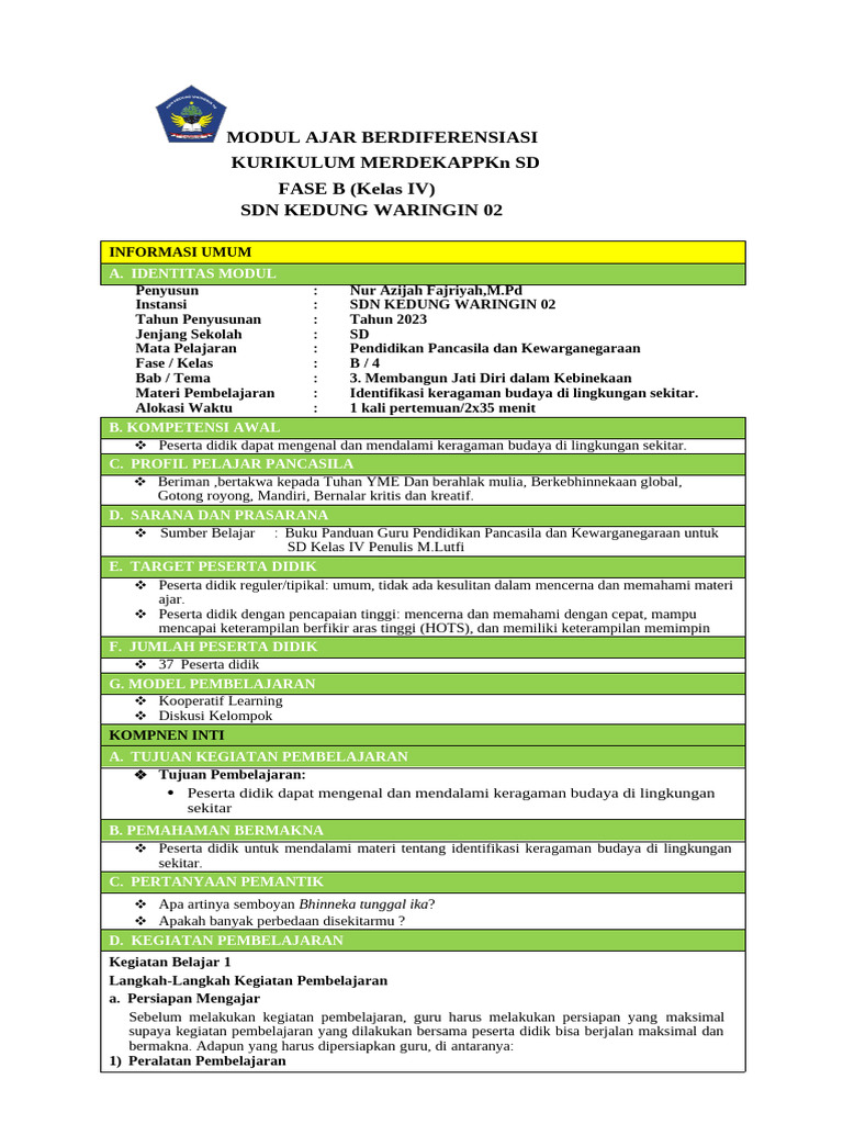 Modul Ajar Pendidikan Pancasila - Modul Ajar Identifikasi Keragaman Budaya Di Lingkungan Sekitar ...