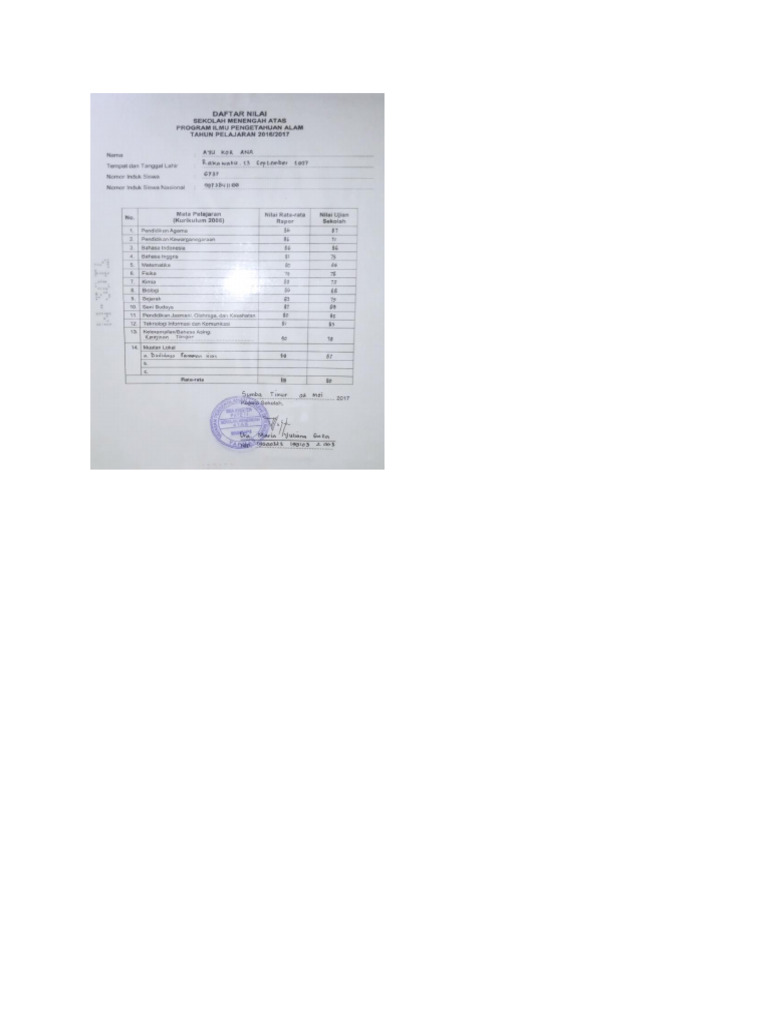Daftar Nilai SMA | PDF