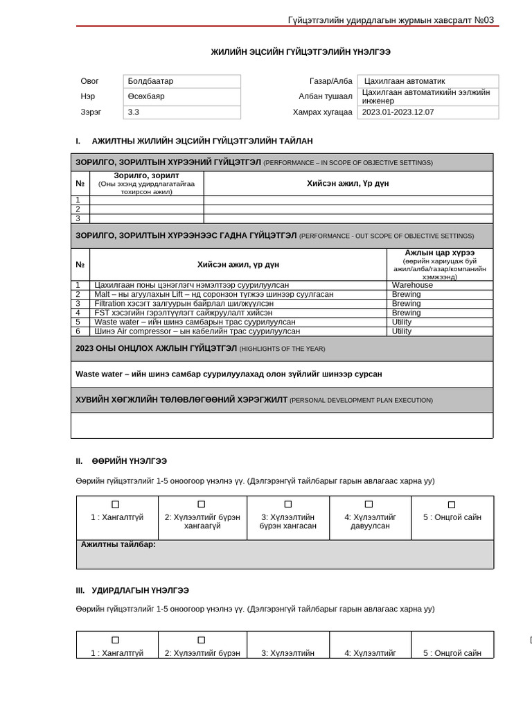 2023 Жилийн эцсийн гүйцэтгэлийн үнэлгээ Өсөхбаяр Pdf