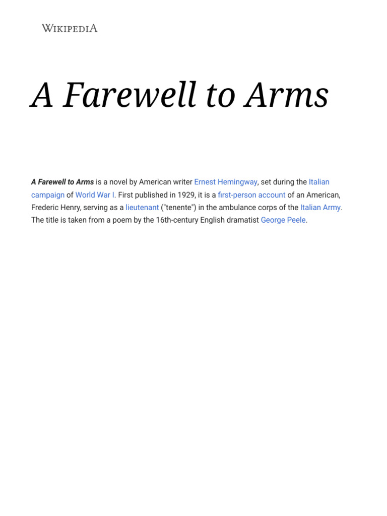 A Farewell To Arms - Wikipedia | PDF