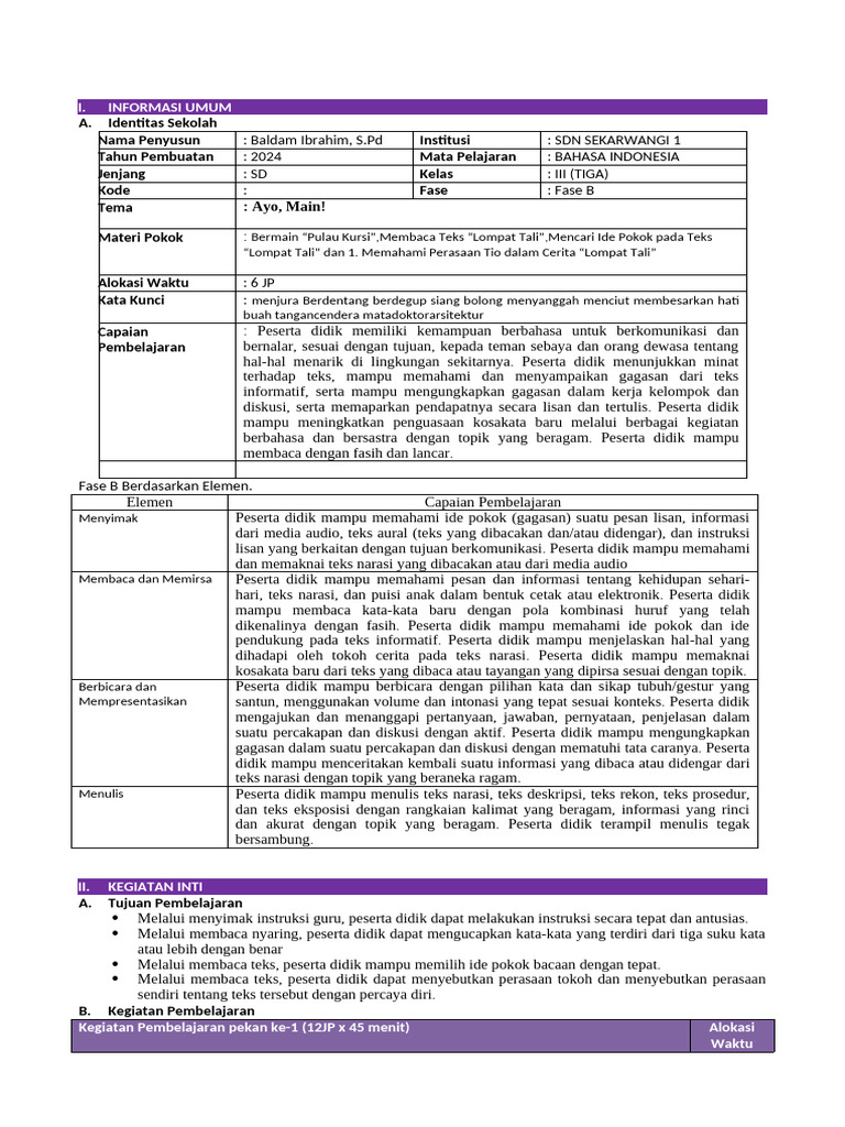 RPP B.indonesia Kelas 3 | PDF