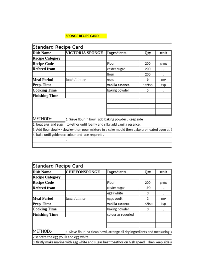 Sponge Recipe Card | PDF