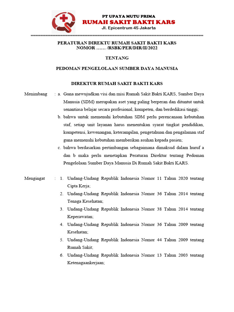 Kps 1 Ep 1-Pedoman Pengelolaan Sdm Rs Bakti Kars | PDF