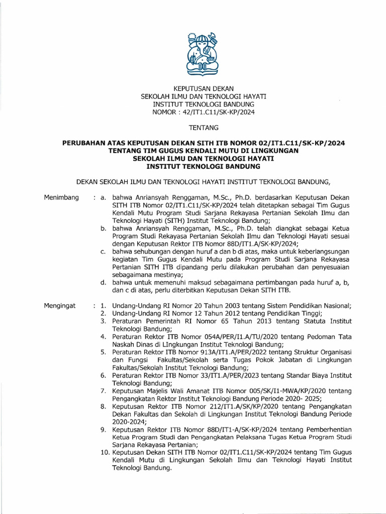 42 SK Perubahan Atas Keputusan Dekan Sith Tentang GKM Di Lingkungan Sith | PDF