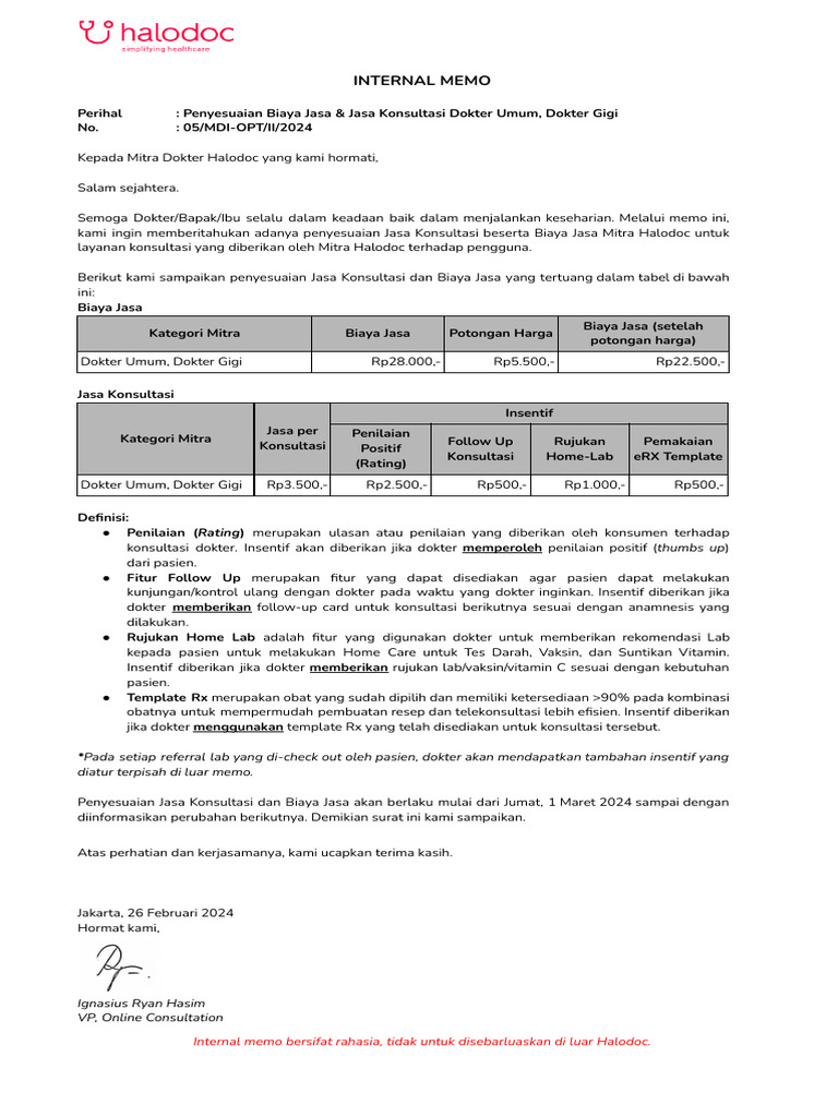 Internal Memo - Penyesuaian Biaya Jasa & Jasa Konsultasi Dokter Umum ...
