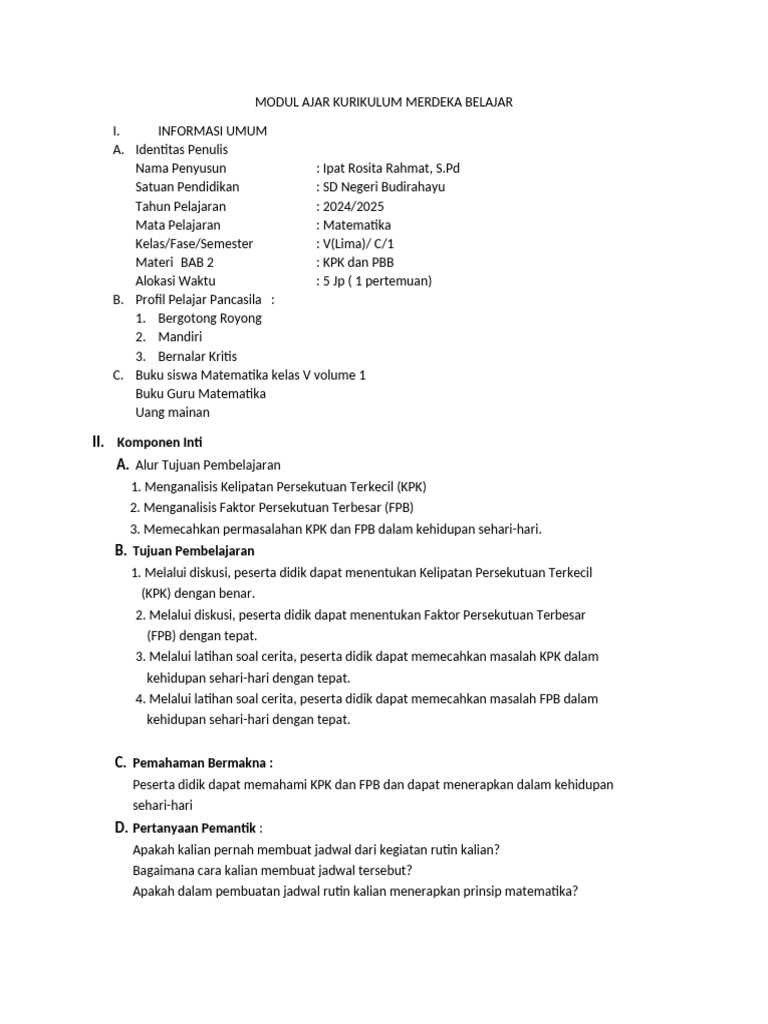 MODUL AJAR Bab 2 Matem | PDF