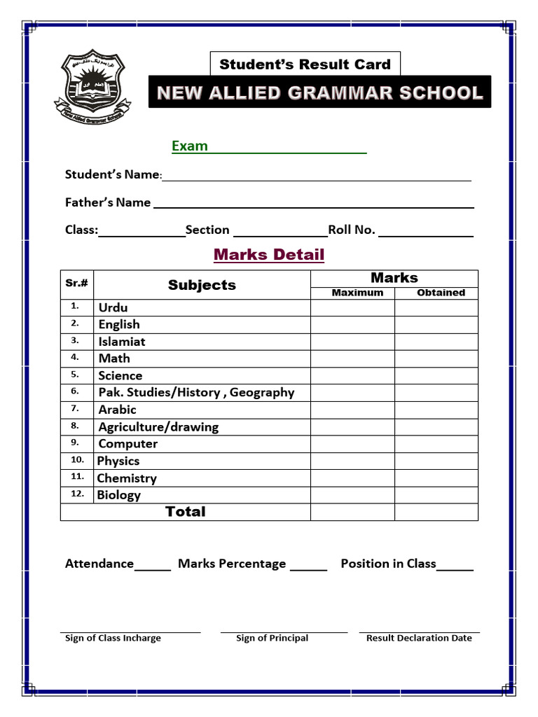 New Allied Grammar School Result Card | PDF