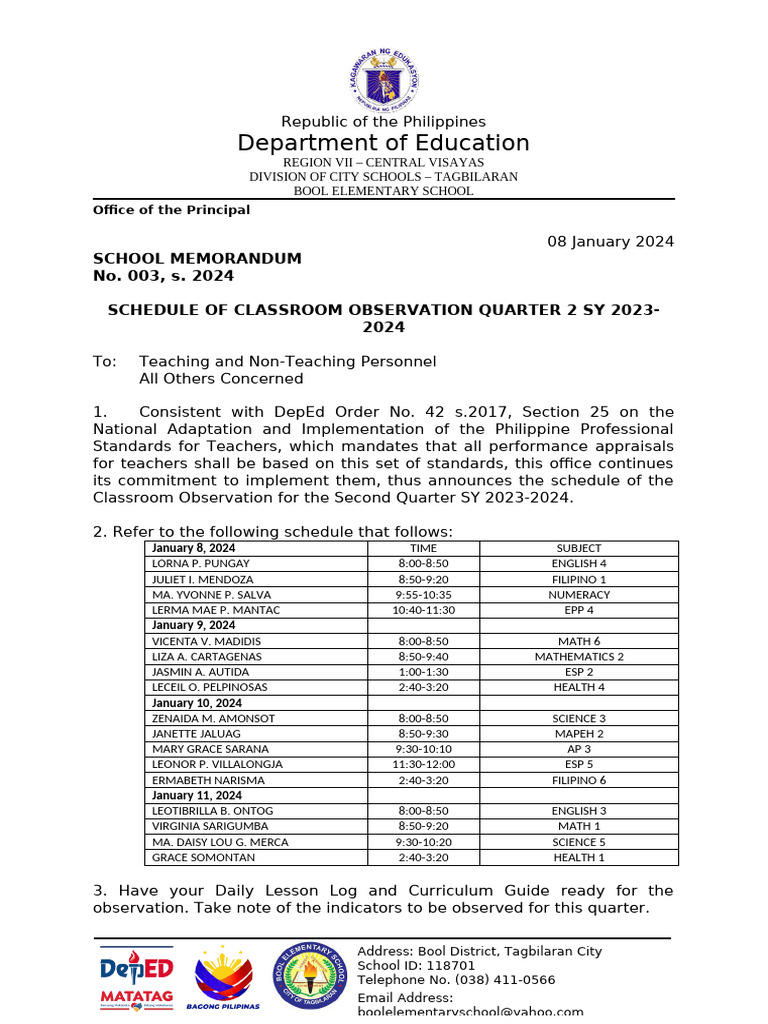 School Memo No. 3 S. 2024 Quarter 2 SY 2023-2024 COT Schedule | PDF