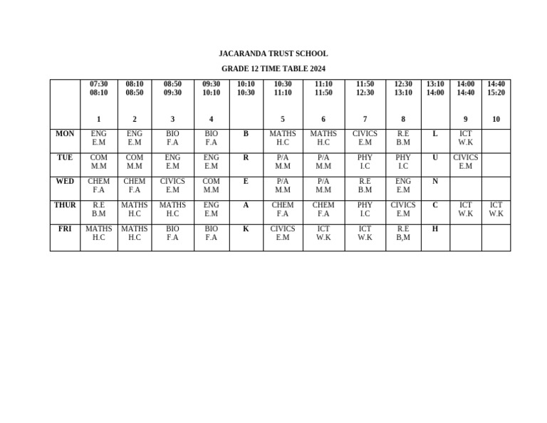 Grade 12 Timetable 2024 | PDF