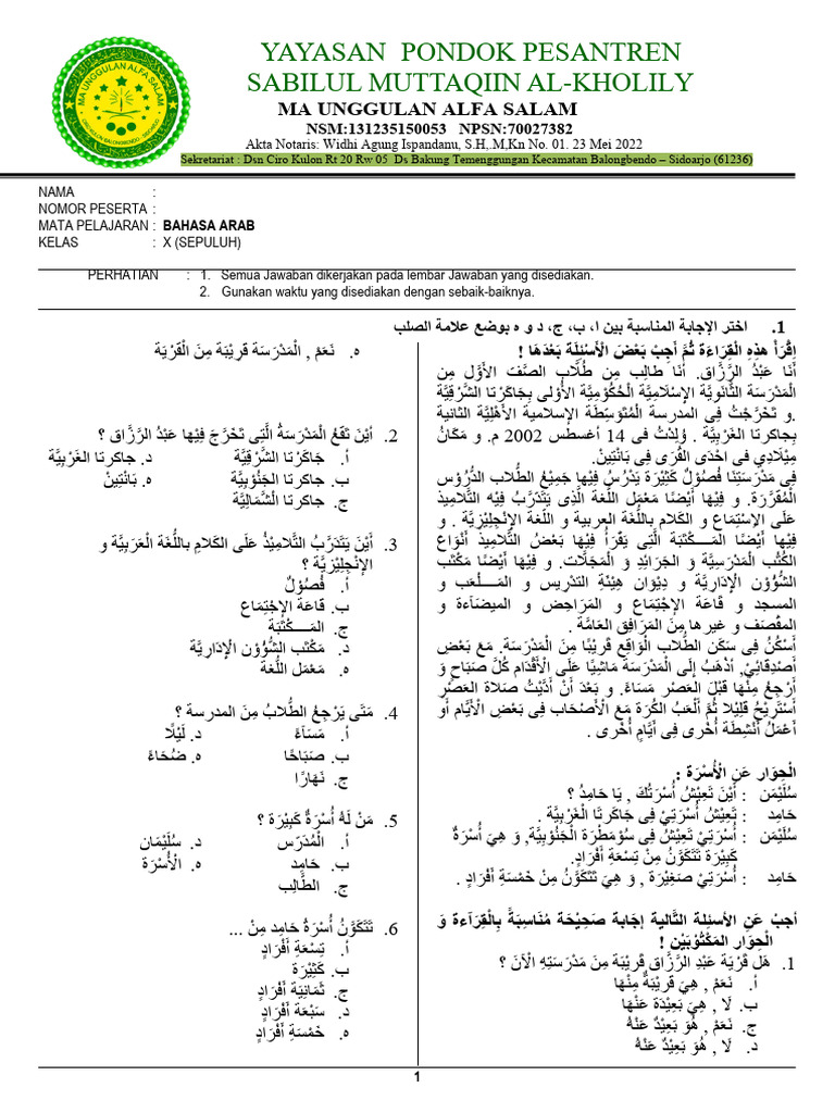 Soal PAS B.Arab Kelas X | PDF