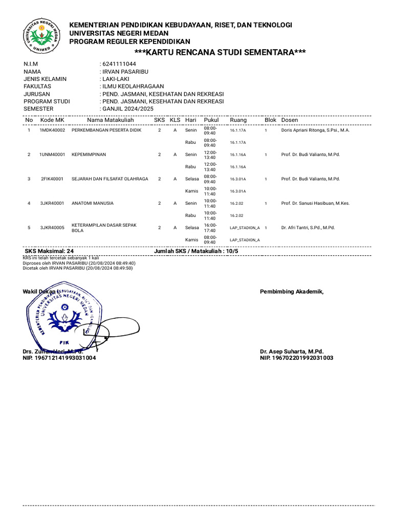 Kartu Rencana Studi (KRS) - Akad Unimed | PDF