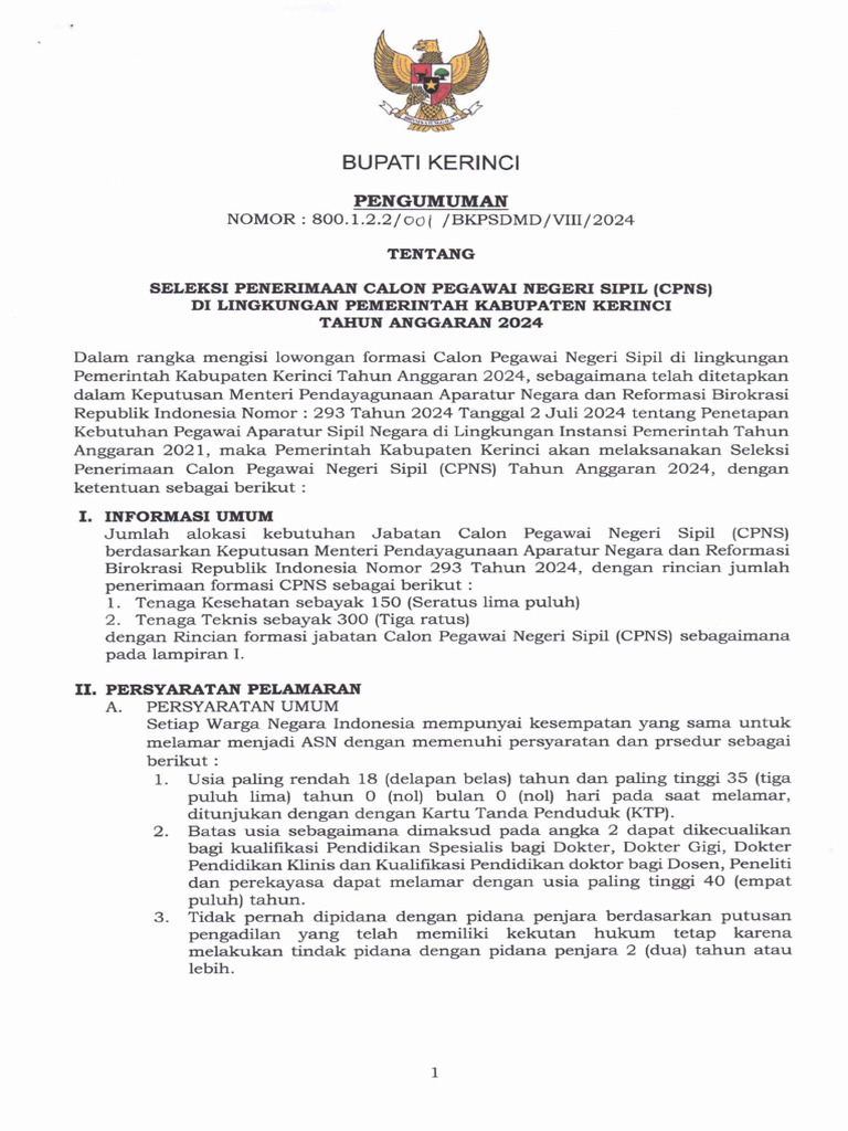 Pengumuman Seleksi Penerimaan Calon Pegawai Negeri Sipil (CPNS) Kab - Kerinci Tahun Anggaran ...