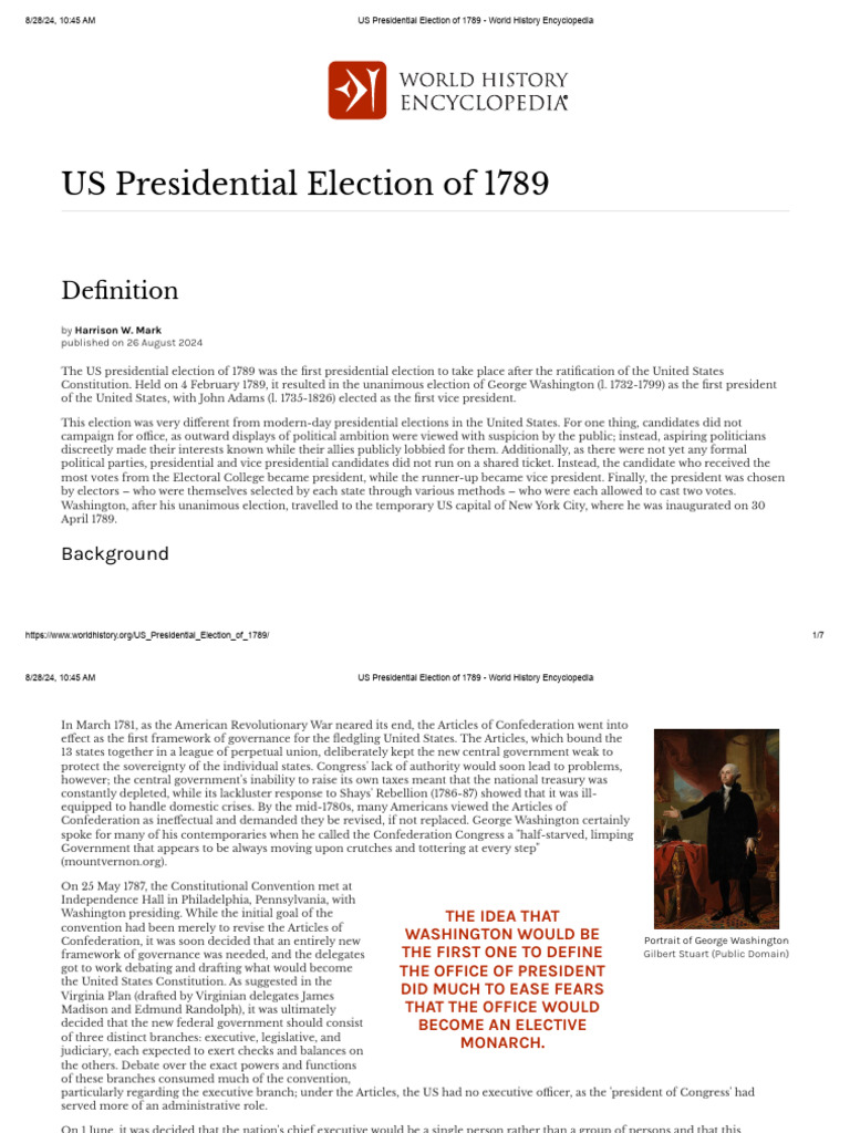 US Presidential Election of 1789 - World History Encyclopedia | PDF