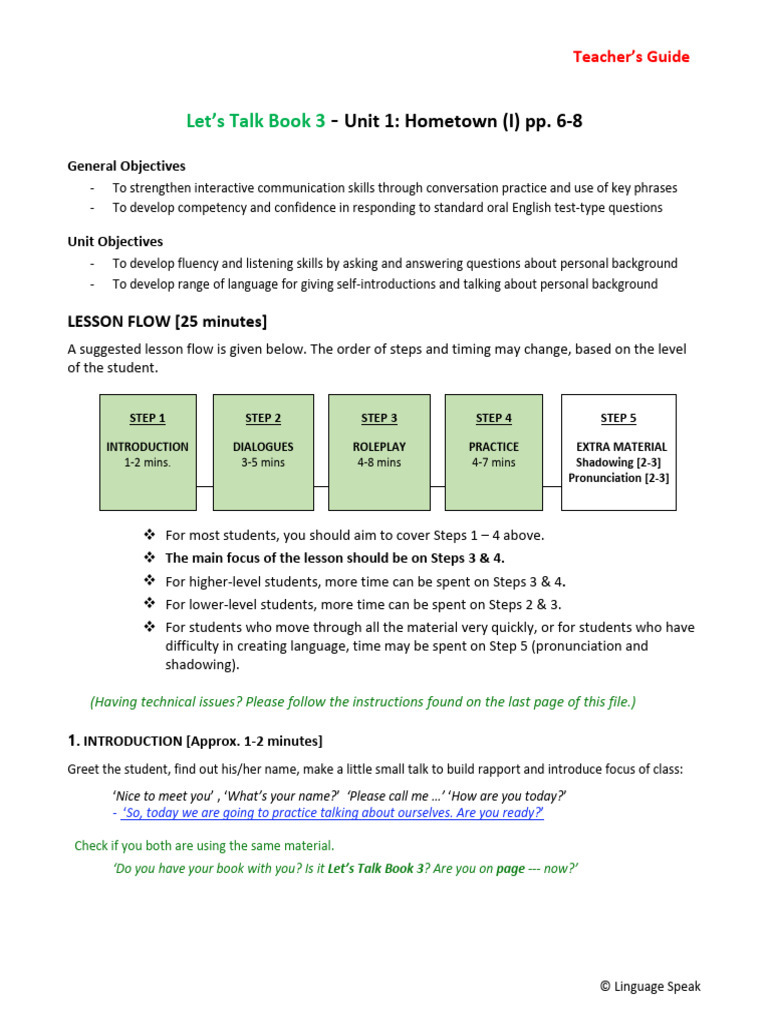 Let's Talk Book3 - Unit 1 Teacher's Guide | PDF