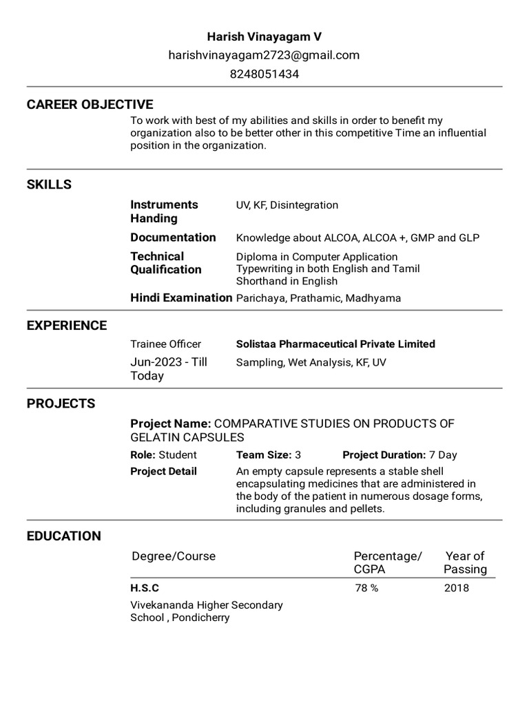 Resume Harish Vinayagam Format5 | PDF