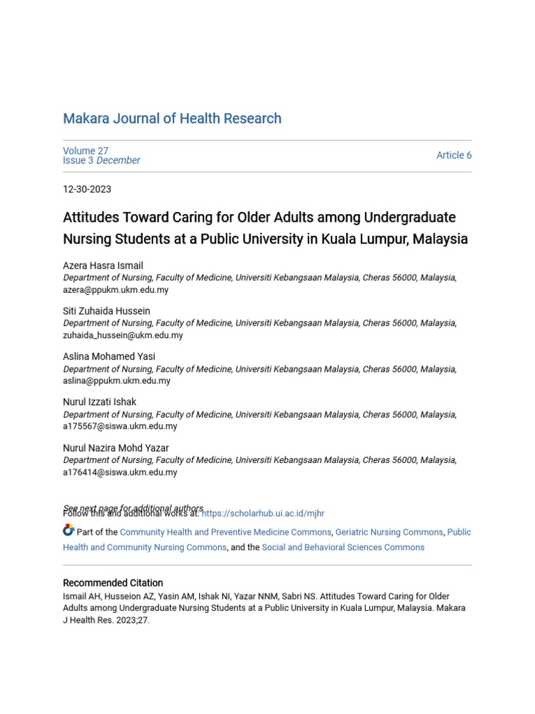 Attitudes T Ttitudes Toward Caring For Older Adults Among Under | PDF