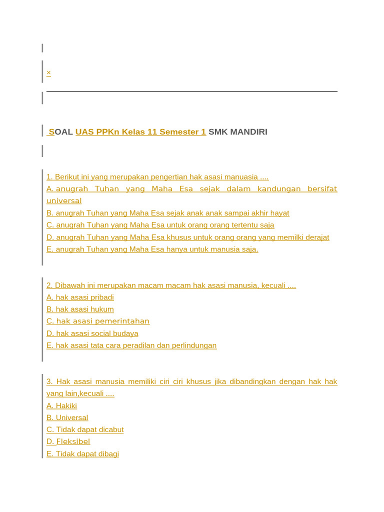 Uas PKN KLS 11 SMT 1 SMK Mandiri 2021 | PDF