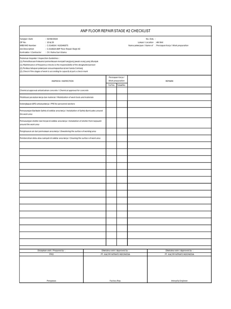 Checklist Pekerjaan Persiapan AN Floor | PDF