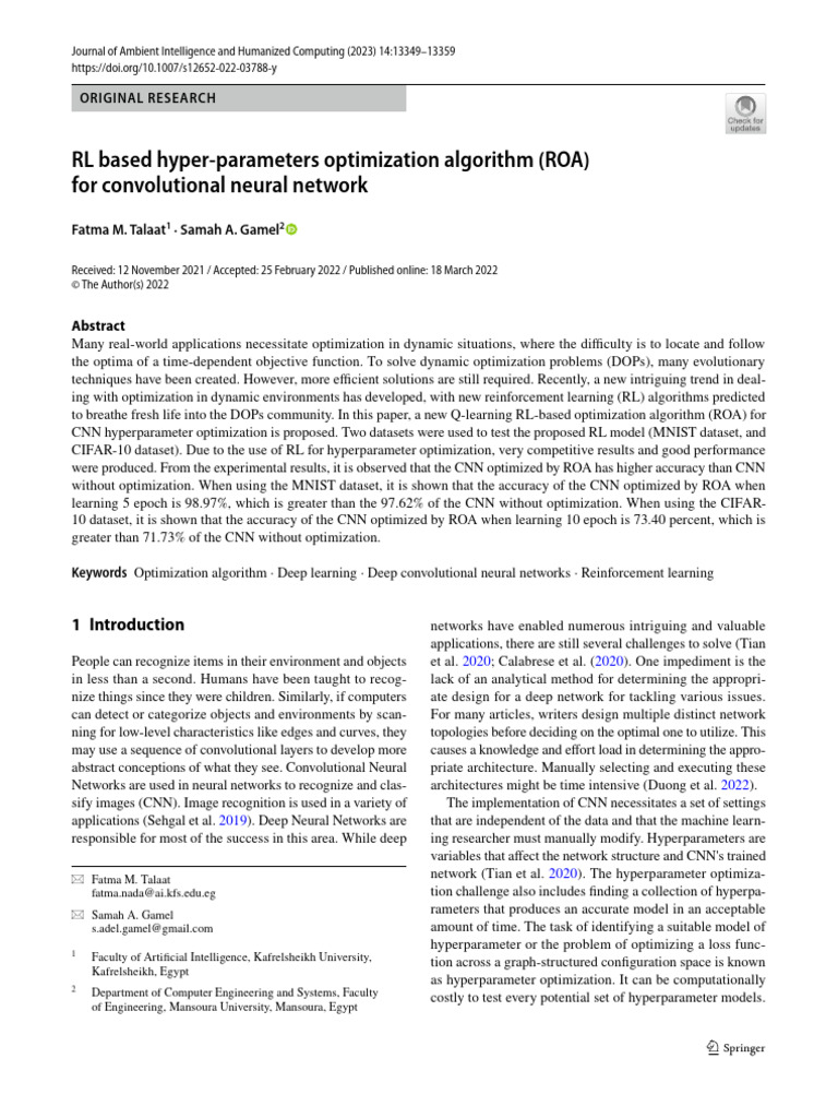 RL Based Hyper Parameters Optimization Algorithm (ROA) For ...