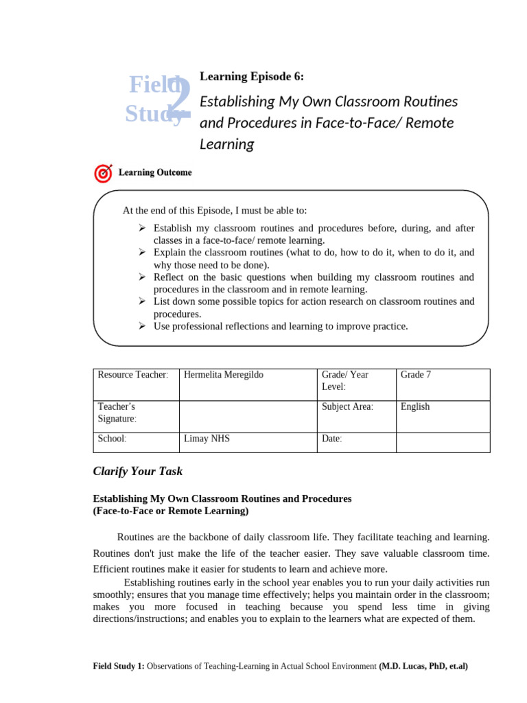 Learning Episode 6 Establishing My Own Classroom Routines and ...