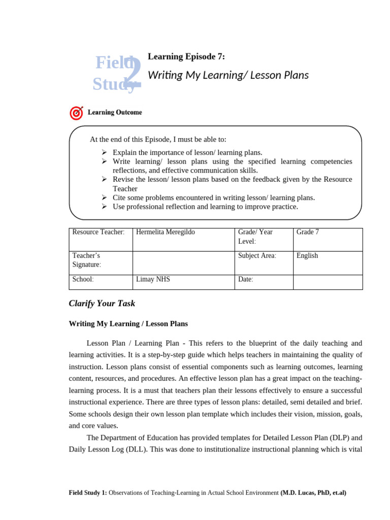 Learning Episode 7 Writing My Learning Lesson Plans | PDF