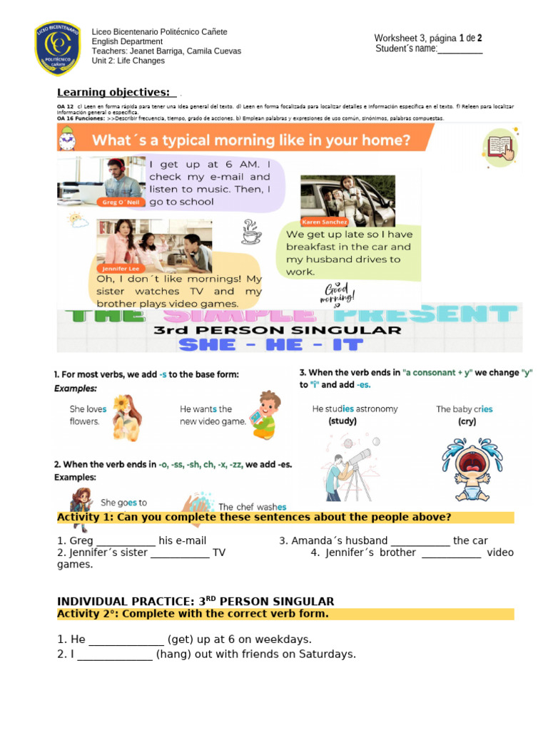 U2 L4 3rd Person Singular | PDF