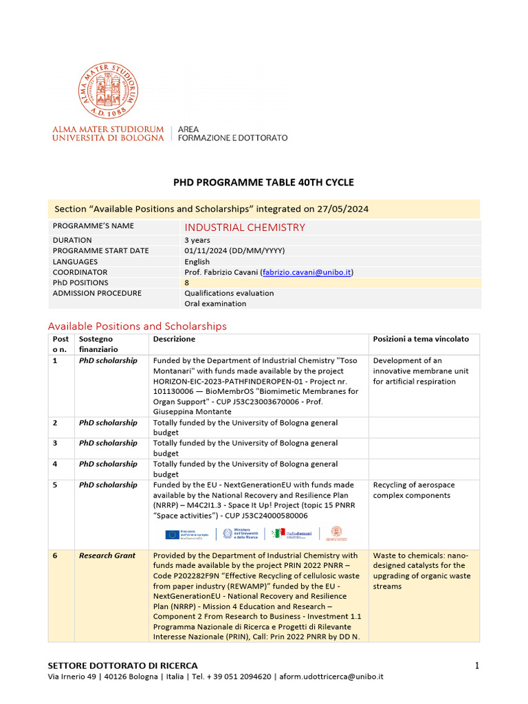 40 - PHD Programme Table - IndustrialChemistry | PDF