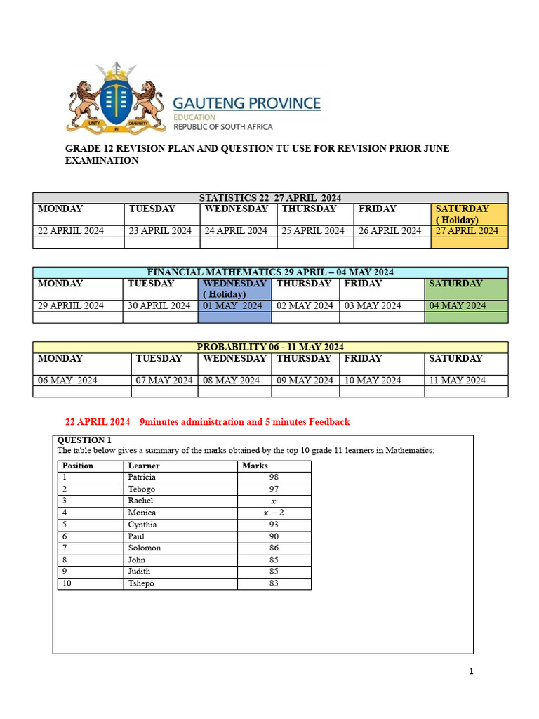 Revision Plan Prior June Examination 2024 | PDF