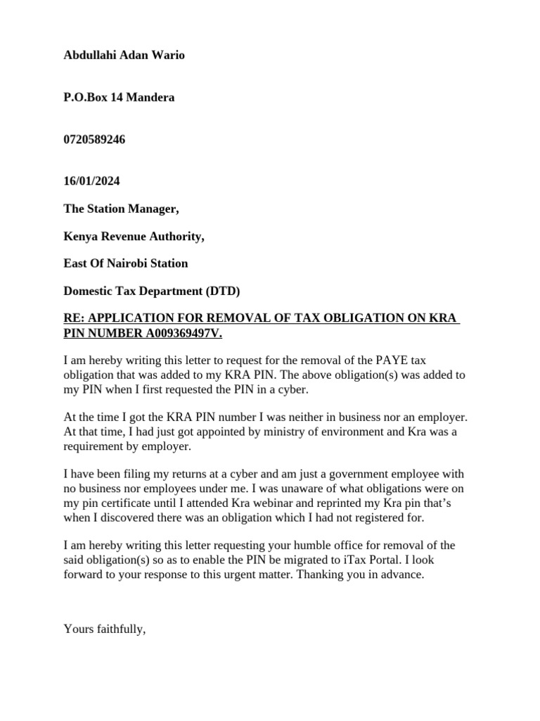 KRA Tax Obligation Removal Letter | PDF