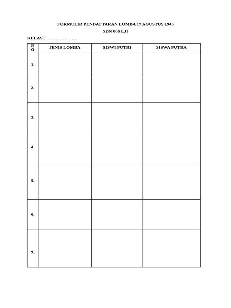 Formulir Pendaftaran Lomba 17 Agustus 1945 | PDF