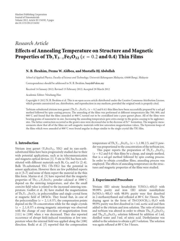 Effects of Annealing Temperature On Structure and Magnetic Properties of TB Y3 Fe5o12 0 2 and 0 ...