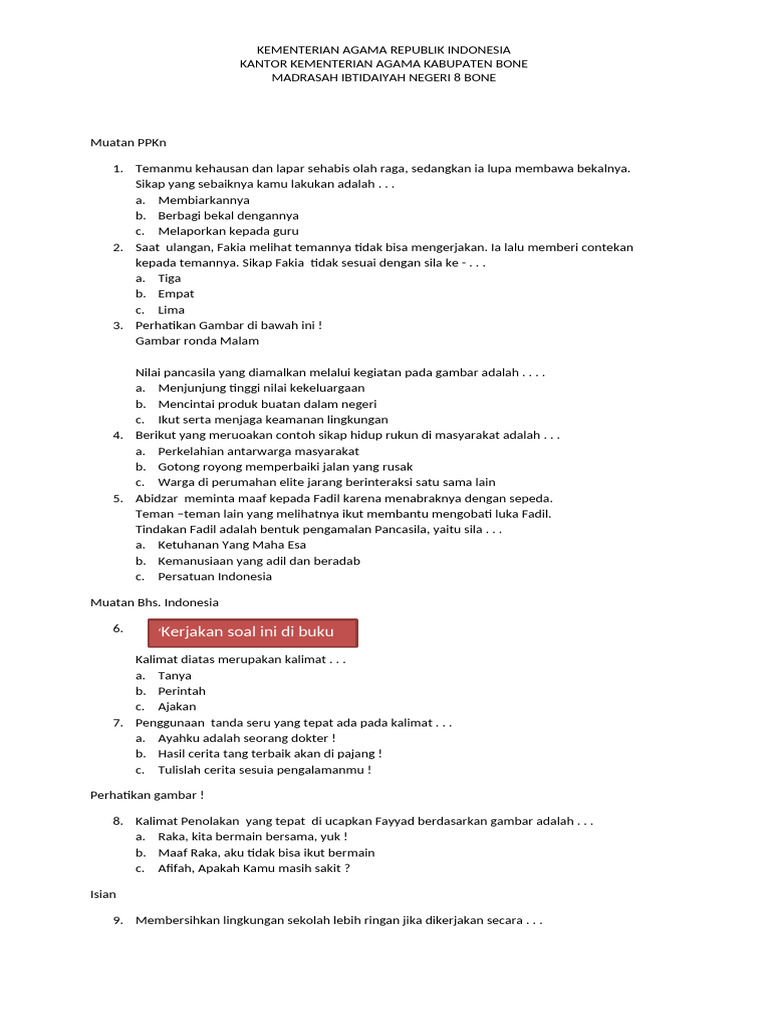 Soal Ulangan Harian Tema 1 Sub Tema 2 Dan 3 | PDF