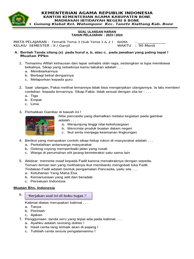 Soal Ulangan Harian Tema 3 Sub Tema 1 Dan 2 | PDF