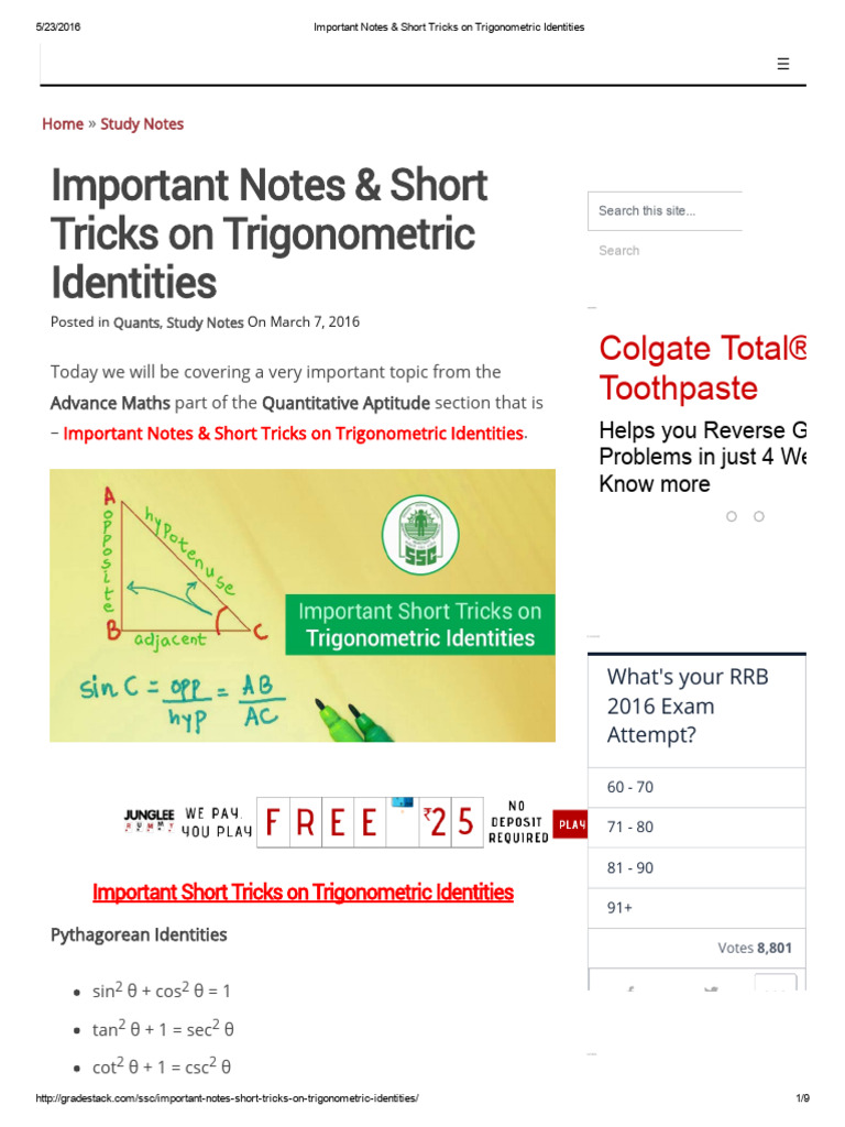 Important Notes & Short Tricks On Trigonometric Identities | PDF ...