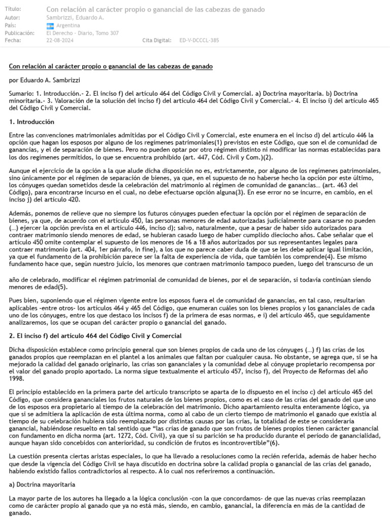 Con Relación Al Carácter Propio o Ganancial de Las Cabezas de Ganado | PDF